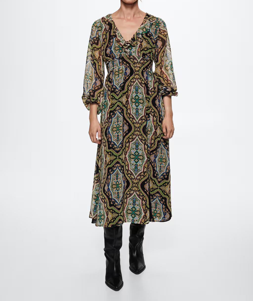Mango Baroque print dress – Pistachio